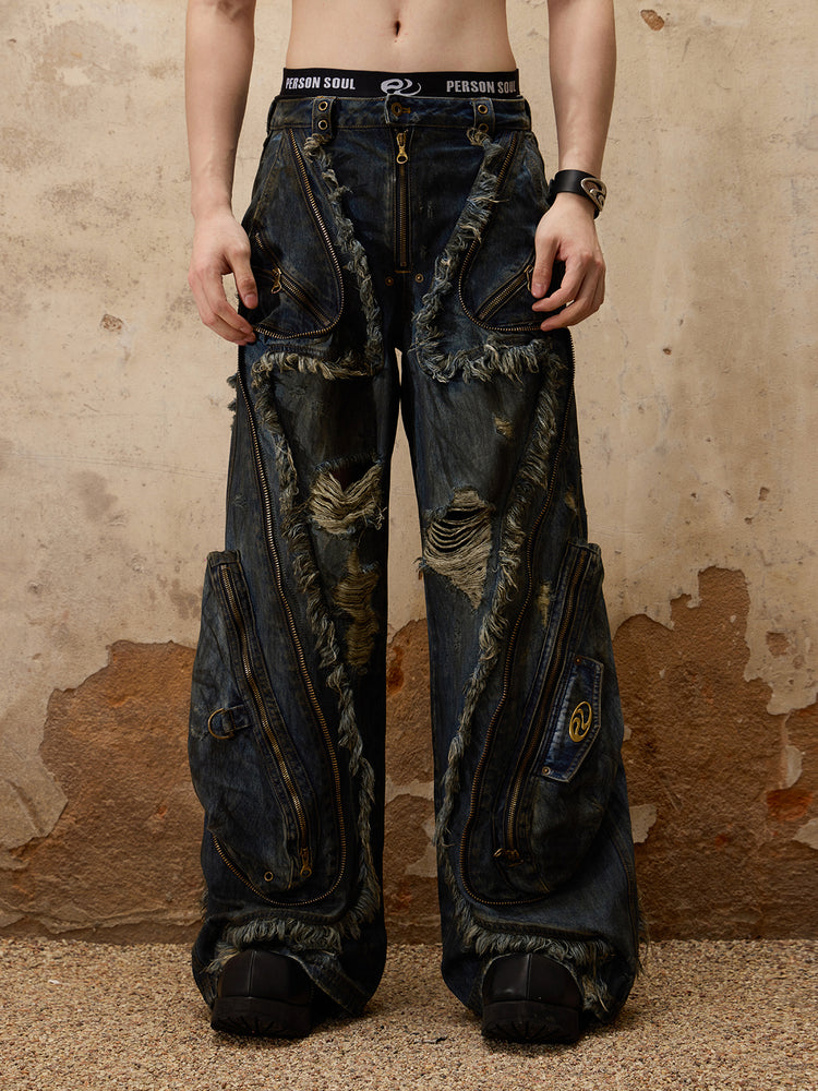 Personsoul Aliens Dirty Ripped Denim Jeans - personsoul